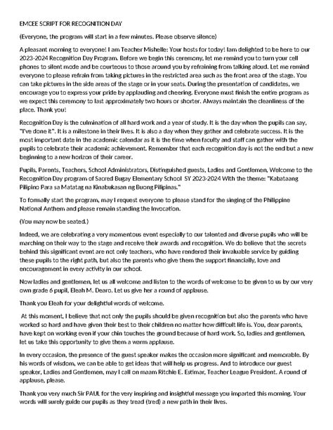 Emcee Script For Recognition Day 2023 2024 Event Studocu