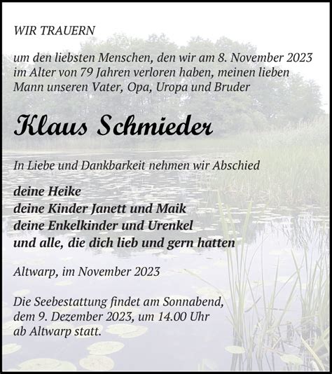 Traueranzeigen Von Klaus Schmieder Trauer Nordkurier
