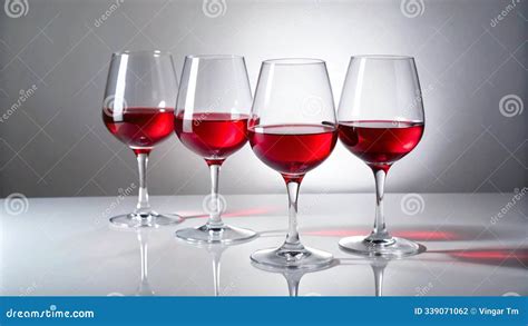 Four Elegant Wine Glasses Filled With Red Liquid On A Reflective