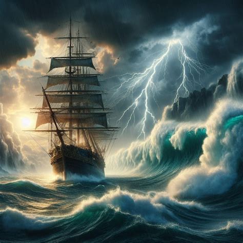 A Ship In The Ocean With Lightning In The Sky Premium Ai Generated Image