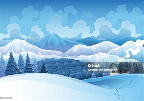 冬季山雪景與松樹森林和丘陵的背景雪地覆蓋的田野向量繪製 房子和步行到它的痕跡水準自然場景向量圖形及更多腳印圖片 腳印 雪