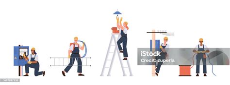 전기 기술자와 설치자 집합 전기 장비를 수리하기 위해 일하는 만화 캐릭터 전기공에 대한 스톡 벡터 아트 및 기타 이미지 전기공 여자 건설업자 Istock