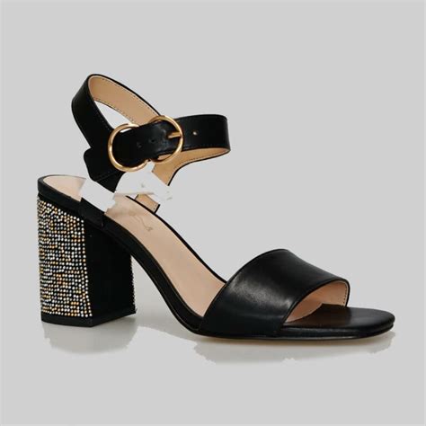 Womens Black Chunky Heel Leather Sandals