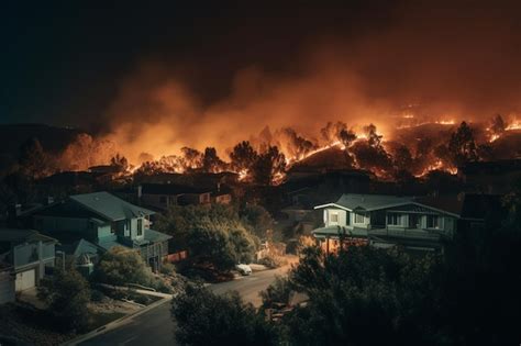 A Fire Burns In A Neighborhood In The Night Premium Ai Generated Image