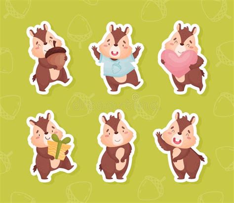 Cute Brown Chipmunk Character In Different Pose Vector Sticker Set Stock Vector Illustration
