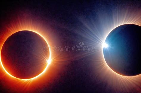 Moon And Sun In Glowing Circles In Dark Sky During Eclipse Stock