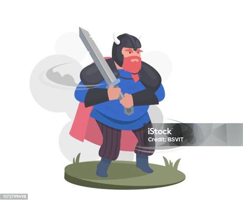 만화 캐릭터 바이킹 전사 헬멧과 갑옷에 칼 평면 디자인의 전사 벡터 플랫 일러스트 개념에 대한 스톡 벡터 아트 및 기타 이미지