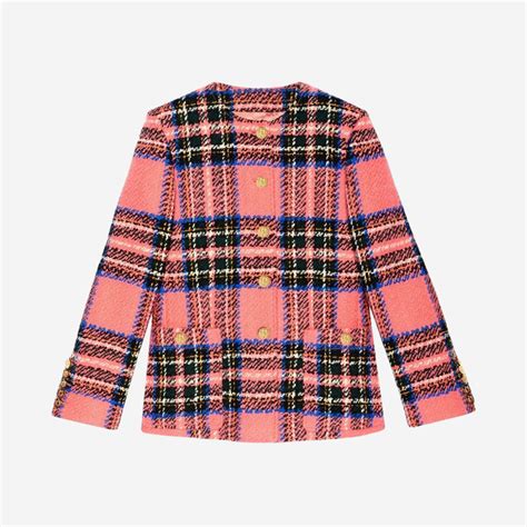 W 구찌 타탄 체크 울 부클레 자켓 핑크 블루 Gucci Kream