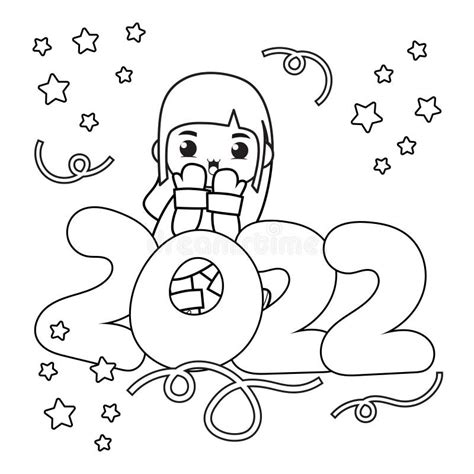 Happy New Year Coloring Book With Cute Girl Stock Vector Illustration