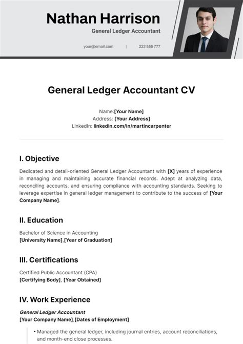 Free General Ledger Accountant CV Template To Edit Online