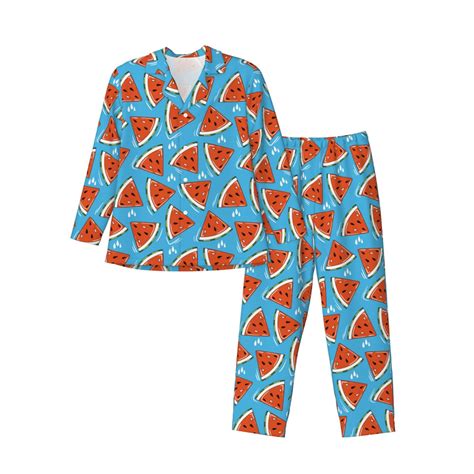 Adobk Cartoon Watermelon Print Mens Pajamas Set Long Sleeve Soft