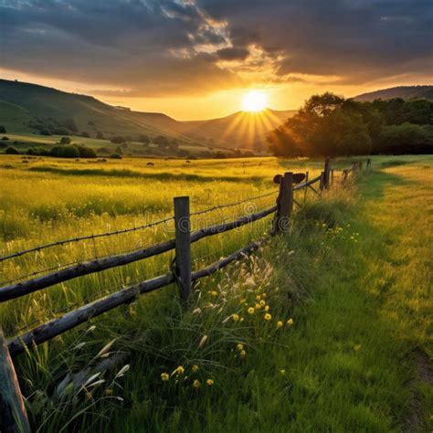 Sunrise Against The Backdrop Of A Field With Grass Stock Image Image