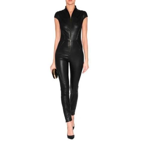 Womens Bodycon Black Leather Jumpsuit Arcane Fox