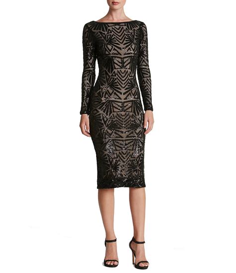 Dress The Population Emery Boat Neck Long Sleeve Low Back Detail