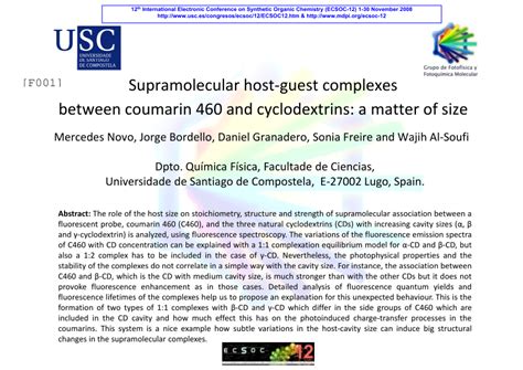 Pdf Supramolecular Host Guest Complexes Between Coumarin 460 And Cyclodextrins A Matter Of Size