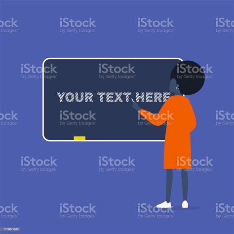 여기에 텍스트 칠판에 그리는 젊은 흑인 여성 캐릭터 교육 대학 단원 플랫 편집 가능한 벡터 일러스트레이션 클립 아트 강당에 대한 스톡 벡터 아트 및 기타 이미지 Istock