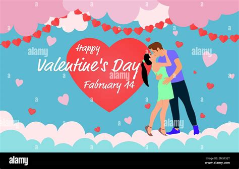 Happy Valentines Day Flat Background With Embracing And Kissing Couple