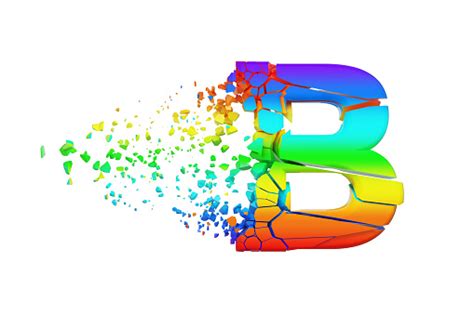 부서진된 무지개 빛깔의 알파벳 문자 B 깨진 대문자 짓 눌린된 무지개 폰트입니다 3d 렌더링에 고립 된 흰색 배경 기둥 머리에