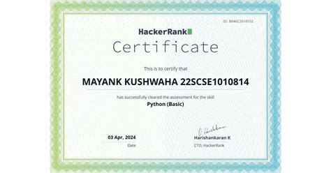 Hackerrank Skill Certificate Mayank Kushwaha