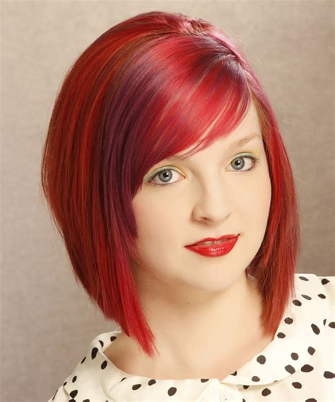 Medium Straight Layered Bright Red Bob Haircut With Side Swept Bangs