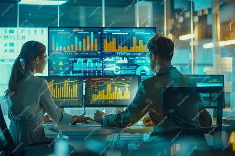 A Man And Woman Sit At A Desk With A Computer Screen Showing A Graph And Charts Premium Ai