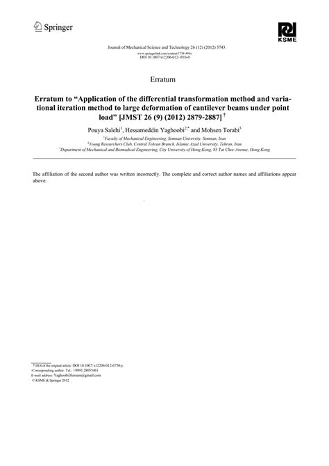 Pdf Erratum To “application Of The Differential Transformation