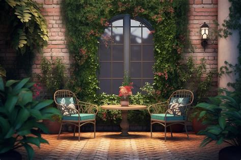 Premium Ai Image A Patio With A Table And Chairs In Front Of A Brick