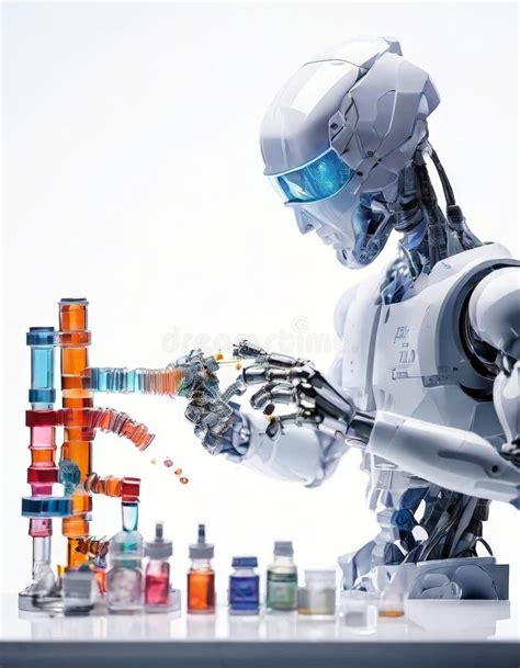 white robot carefully conducting a science experiment with lab