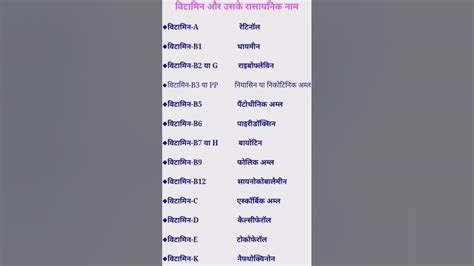 विटामिन और उसके रसायनिक नाम 🧪 Vitamins And His Chemical Name Science