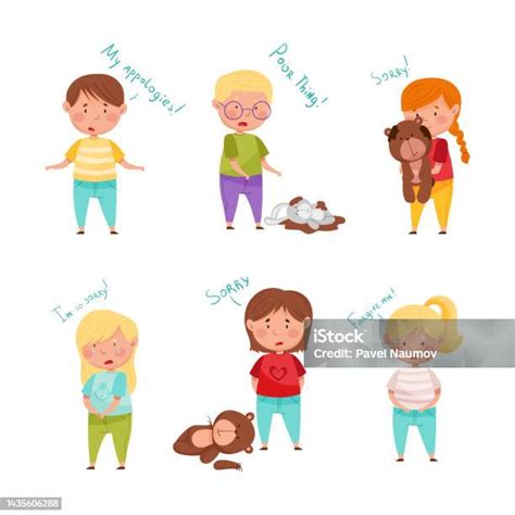 좋은 매너 예의 바른 어린 아이들이 사과합니다 후회를 표현하는 소년 소녀 만화 벡터 일러스트 레이 션 아이에 대한 스톡 벡터