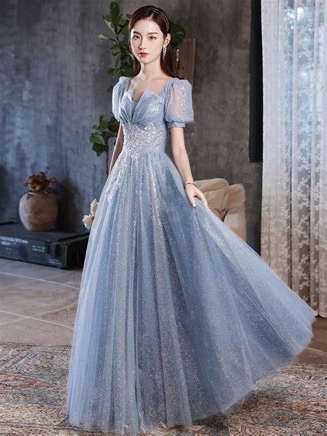 A Line Blue Tulle Shiny Long Prom Dress Blue Formal Evening Dresses