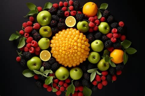 Symmetrical Composition Of Diverse Fruits Premium Ai Generated Image