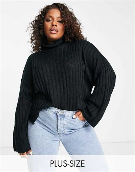 Threadbare Plus Etta Chunky Roll Neck Sweater In Black Asos