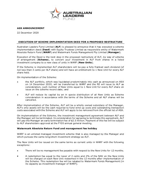 Fillable Online Asx Announcement Execution Of Scheme Implementation