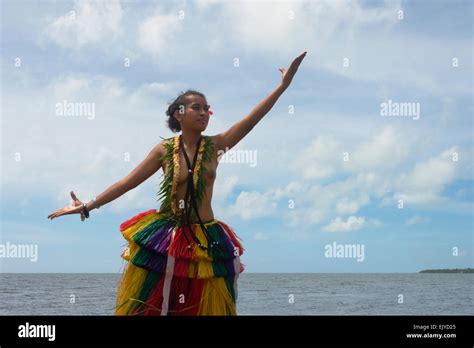 Yapese Girl In Grass Skirt Dancing By The Ocean Yap Island Federated