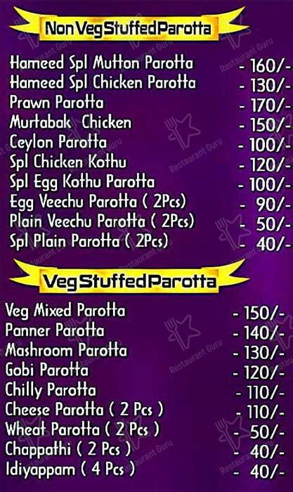 Menu At Hameed Malaysian Parotta Tiruchirappalli