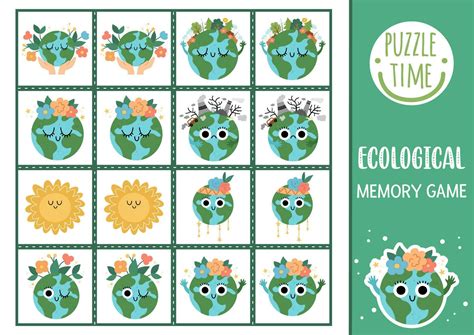 Vector Ecological Memory Game Cards With Cute Planets Eco Awareness