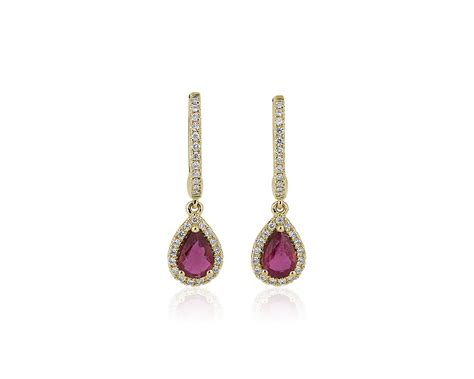 Pear Shaped Ruby And Diamond Halo Drop Earrings In 14k Yellow Gold 6x4mm