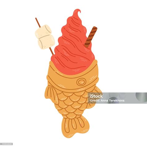 붕어빵 아이스크림 일본 빵집 딸기 아이스크림을 곁들인 물고기 모양의 케이크 일본 길거리 음식 만화 벡터입니다 Washoku에