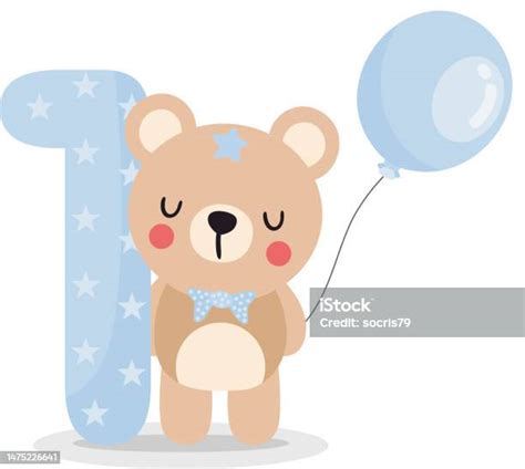 행복한 1 년 또는 1 월 축하 풍선을 가진 귀여운 테디 베어 소년 곰에 대한 스톡 벡터 아트 및 기타 이미지 곰 귀여운 남자 아기 Istock