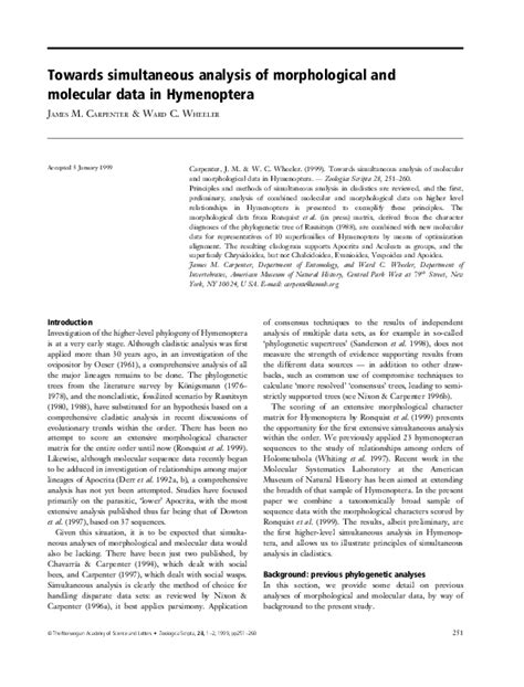 Pdf Towards Simultaneous Analysis Of Morphological And Molecular Data In Hymenoptera