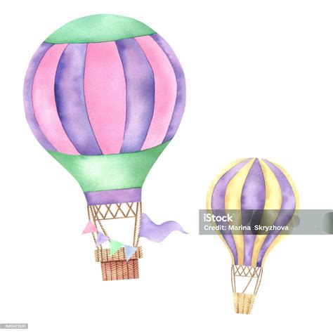 풍선 묶음 고립된 배경에 수채화 그림 하늘을 가로지르는 여행 어린이 방 0명에 대한 스톡 벡터 아트 및 기타 이미지 0명