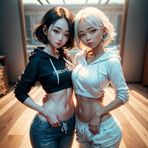 나무 바닥이 깔린 방에서 사진을 찍기 위해 포즈를 취하는 두 여성 Seaart Ai