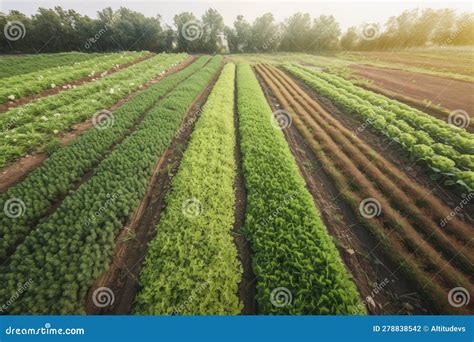 Genetically Modified Crop Field With Rows Of Crops In Various Stages Of Growth And Development