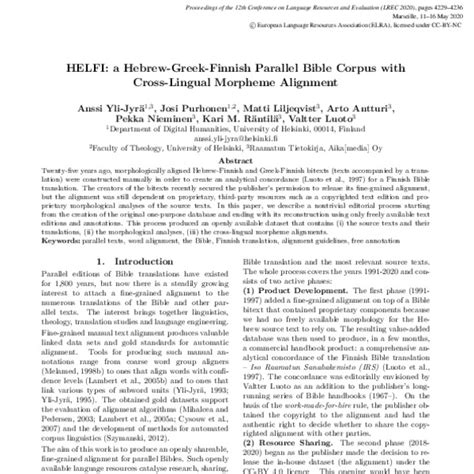 Helfi A Hebrew Greek Finnish Parallel Bible Corpus With Cross Lingual Morpheme Alignment Acl