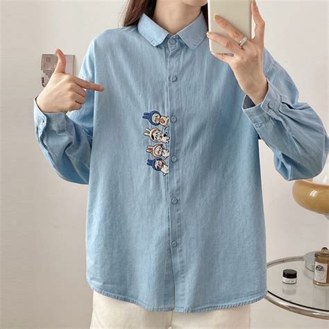 棉麻隨性風 門襟兔子刺繡棉長袖牛仔襯衫 設計所在 長袖 Yahoo奇摩購物中心