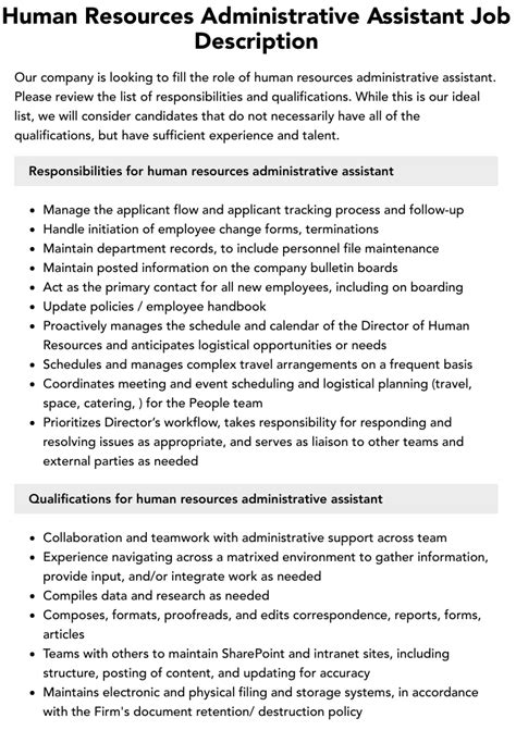 Human Resources Administrative Assistant Job Description Velvet Jobs