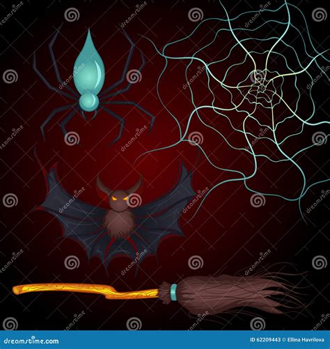 Set For Halloween Spider Bat Broom Stock Illustration Illustration
