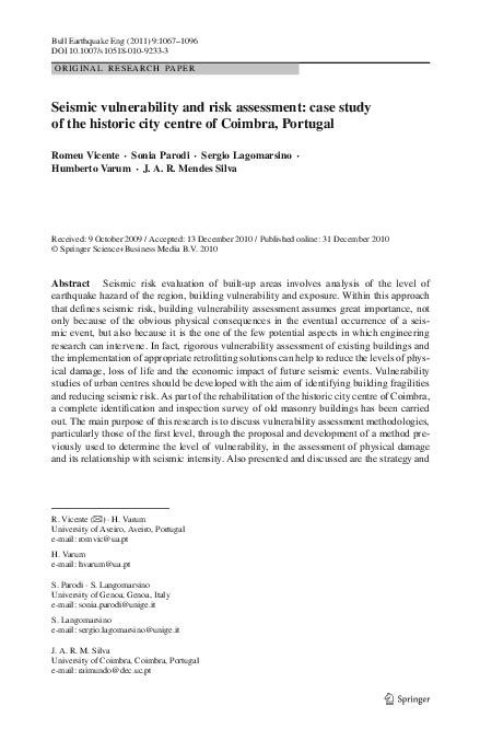 Pdf Seismic Vulnerability And Risk Assessment Case Study Of The
