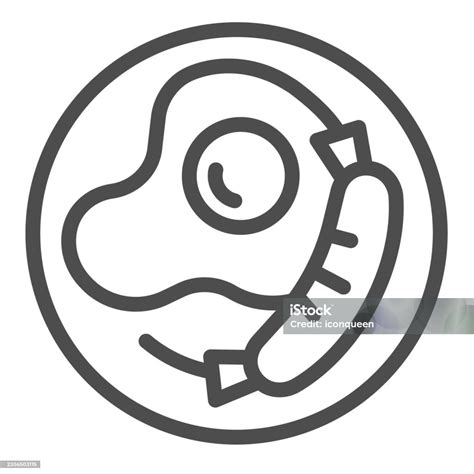 스크램블 에그와 돼지 고기 소시지 라인 아이콘 요리 요리 개념 벡터 그래픽입니다 흰색 배경에 접시 기호에 소시지와 함께 튀긴 계란 모바일 또는 웹 디자인에 대한 개요 스타일